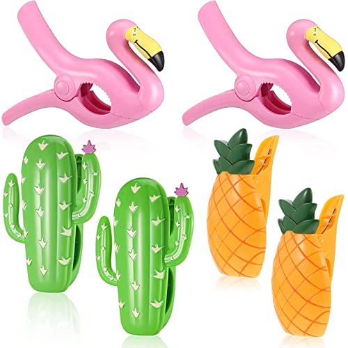 6 Pieces Beach Towel Clips Portable Towel Clips for Chairs Large Beach Towel Holders Plastic Cute Clothes Pins Flamingo Pineapple Cactus Towel Clips for Beach Chairs Lounge Patio Pool Accessories