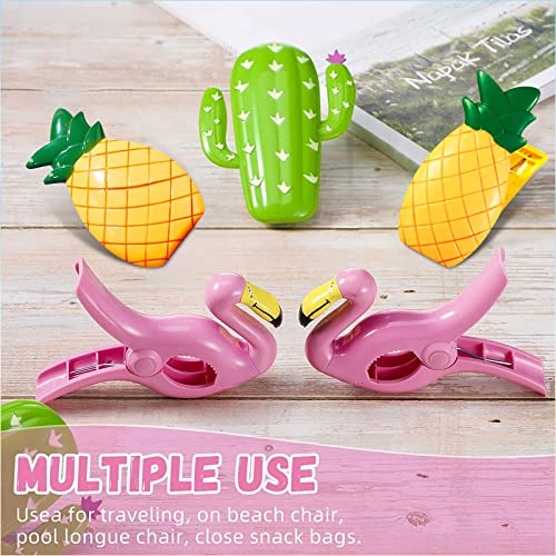 6 Pieces Beach Towel Clips Portable Towel Clips for Chairs Large Beach Towel Holders Plastic Cute Clothes Pins Flamingo Pineapple Cactus Towel Clips for Beach Chairs Lounge Patio Pool Accessories