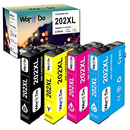 WORTHDO Remanufactured 202 XL Ink Cartridges for Epson 202XL to use with Expression Home XP-5100 Workforce WF-2860 Printer (1 Black, 1 Cyan, 1 Magenta, 1 Yellow)