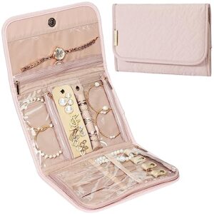 nishel travel jewelry organizer roll, transparent foldable case for necklaces, earrings, rings, bracelets, watch, pink