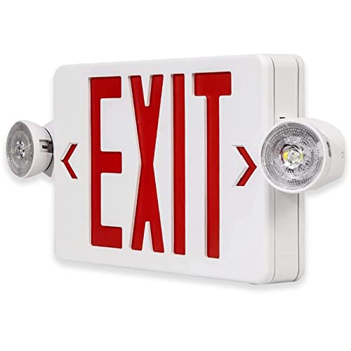 LED Exit Sign Emergency Light Combination Adjustable Two Heads and Battery Backup, US Standard Commercial Emergency Exit Lighting, Fire Resistant UL 924 AC 120/277V (Red)