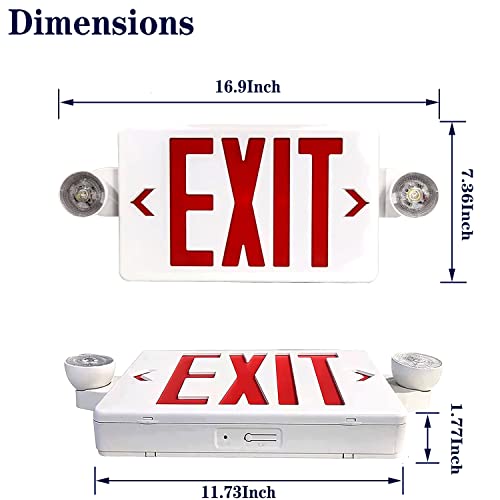 LED Exit Sign Emergency Light Combination Adjustable Two Heads and Battery Backup, US Standard Commercial Emergency Exit Lighting, Fire Resistant UL 924 AC 120/277V (Red)