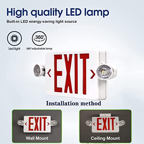 LED Exit Sign Emergency Light Combination Adjustable Two Heads and Battery Backup, US Standard Commercial Emergency Exit Lighting, Fire Resistant UL 924 AC 120/277V (Red)