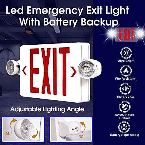 LED Exit Sign Emergency Light Combination Adjustable Two Heads and Battery Backup, US Standard Commercial Emergency Exit Lighting, Fire Resistant UL 924 AC 120/277V (Red)