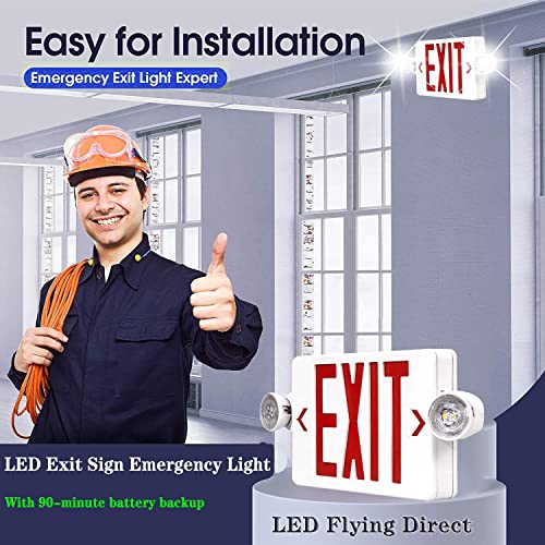 LED Exit Sign Emergency Light Combination Adjustable Two Heads and Battery Backup, US Standard Commercial Emergency Exit Lighting, Fire Resistant UL 924 AC 120/277V (Red)