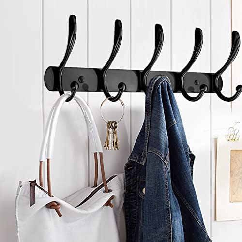 Wall Mount Coat Rack with 5 Black Hooks , 2 Pack 16’’ Stainless Steel Heavy Duty Wall Coat Rack for Hanging for Jackets Towels Hats Scarves Bags Wall Coat Hanger for Entryway Bathroom Bedroom (Black)