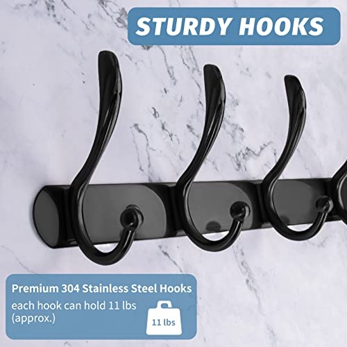 Wall Mount Coat Rack with 5 Black Hooks , 2 Pack 16’’ Stainless Steel Heavy Duty Wall Coat Rack for Hanging for Jackets Towels Hats Scarves Bags Wall Coat Hanger for Entryway Bathroom Bedroom (Black)