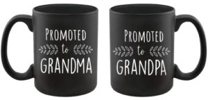 pregnancy announcement for grandparents black coffee mugs - grandma to be & grandpa to be 11 oz mugs - pregnancy reveal idea for baby announcement - mug set - promoted to grandma & grandpa