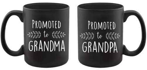 Pregnancy Announcement For Grandparents Black Coffee Mugs - Grandma To Be & Grandpa to Be 11 oz Mugs - Pregnancy Reveal Idea For Baby Announcement - Mug Set - Promoted to Grandma & Grandpa