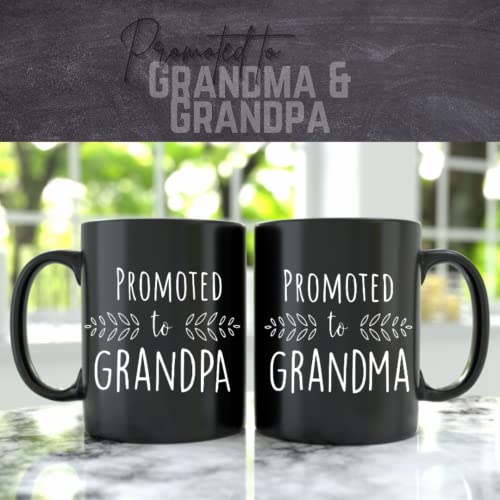 Pregnancy Announcement For Grandparents Black Coffee Mugs - Grandma To Be & Grandpa to Be 11 oz Mugs - Pregnancy Reveal Idea For Baby Announcement - Mug Set - Promoted to Grandma & Grandpa