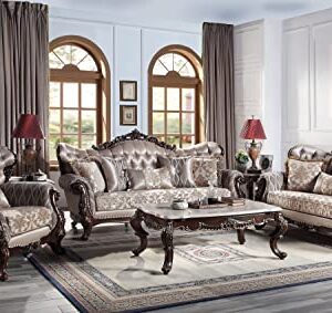 Acme Benbek Sofa with 5 Pillows in Taupe and Antique Oak