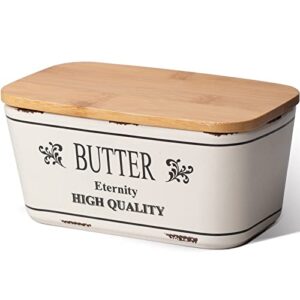 hasense farmhouse butter dish with lid for countertop, butter keeper & holder, large butter container for fridge with bamboo freshness seal, enhance kitchen decor, holds two sticks of butter, white