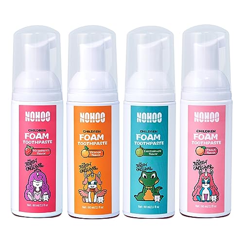 NOHOO Kids Foam Toothpaste with Fruit Flavor, Fluoride Free Natural Formul, Foam Toothpaste for Electric Toothbrush (Strawberry+Orange+Peach+Cantaloupe)