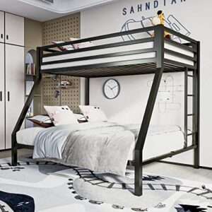 ikalido metal bunk bed, twin over full size beds with sturdy guard rail & removable ladder, space-saving/noise-free/matte black