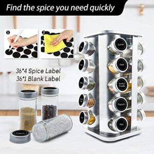 Brimeaws Revolving Spice Rack, Spice Rack Organizer for Cabinet, 20 Jar Rotating Seasoning Organizer Rack Tower Spinning Organizer with 180pcs Reusable Labels & Silicones Funnel for Kitchen