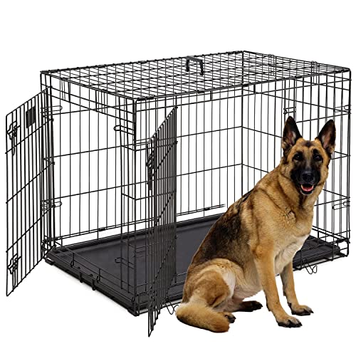 Pet Dog Crate, 48 Inches Large Dog Cage Double Door Folding Crate Metal Wire Dog Kennel with Divider Panel Leak-Proof Plastic Pan, Indoor Outdoor Basic Pet Crates for Medium Large Breed Dog XL XXL