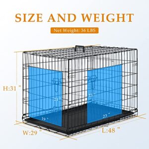 Pet Dog Crate, 48 Inches Large Dog Cage Double Door Folding Crate Metal Wire Dog Kennel with Divider Panel Leak-Proof Plastic Pan, Indoor Outdoor Basic Pet Crates for Medium Large Breed Dog XL XXL