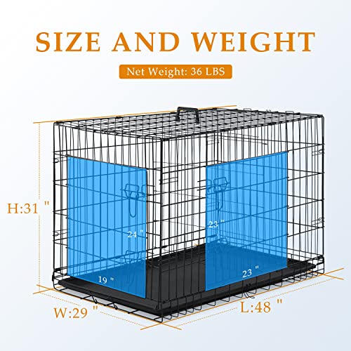 Pet Dog Crate, 48 Inches Large Dog Cage Double Door Folding Crate Metal Wire Dog Kennel with Divider Panel Leak-Proof Plastic Pan, Indoor Outdoor Basic Pet Crates for Medium Large Breed Dog XL XXL