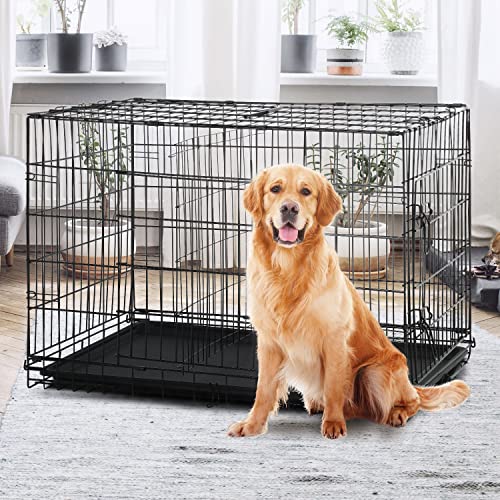 Pet Dog Crate, 48 Inches Large Dog Cage Double Door Folding Crate Metal Wire Dog Kennel with Divider Panel Leak-Proof Plastic Pan, Indoor Outdoor Basic Pet Crates for Medium Large Breed Dog XL XXL