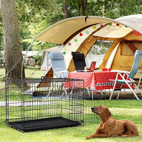 Pet Dog Crate, 48 Inches Large Dog Cage Double Door Folding Crate Metal Wire Dog Kennel with Divider Panel Leak-Proof Plastic Pan, Indoor Outdoor Basic Pet Crates for Medium Large Breed Dog XL XXL