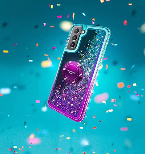 Silverback for Galaxy S21 FE 5G Case, Moving Liquid Holographic Sparkle Glitter Case with Kickstand, Bling Diamond Bumper Ring Slim Samsung S21 Fe Case for Girls Women - Purple