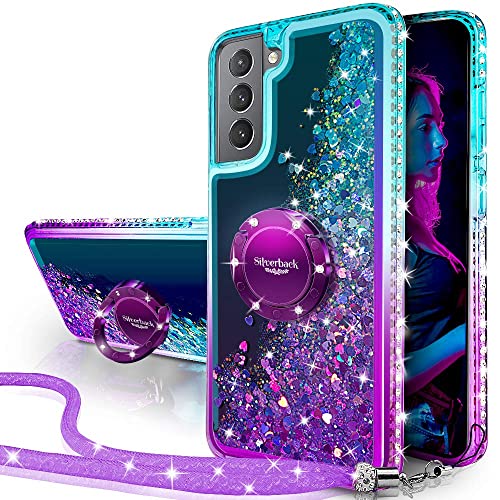 Silverback for Galaxy S21 FE 5G Case, Moving Liquid Holographic Sparkle Glitter Case with Kickstand, Bling Diamond Bumper Ring Slim Samsung S21 Fe Case for Girls Women - Purple