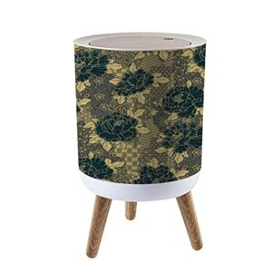 ibpnkfaz89 small trash can with lid japanese peony flowers with traditional fabric patchwork abstract garbage bin wood waste bin press cover round wastebasket for bathroom bedroom office kitchen