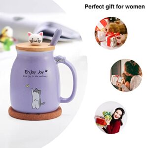 Feify Cute Cat Cup Ceramic Coffee Mug with Kawaii Cat Wooden Lid, Lovely Stainless Steel Spoon, Anime Kitty Thicken Wooden Coaster, Christmas Birthday Gift Cute Thing Japanese Mug 16oz (Purple)