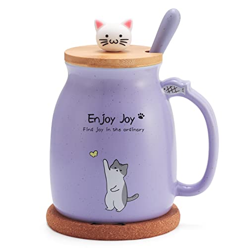 Feify Cute Cat Cup Ceramic Coffee Mug with Kawaii Cat Wooden Lid, Lovely Stainless Steel Spoon, Anime Kitty Thicken Wooden Coaster, Christmas Birthday Gift Cute Thing Japanese Mug 16oz (Purple)