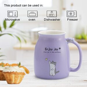 Feify Cute Cat Cup Ceramic Coffee Mug with Kawaii Cat Wooden Lid, Lovely Stainless Steel Spoon, Anime Kitty Thicken Wooden Coaster, Christmas Birthday Gift Cute Thing Japanese Mug 16oz (Purple)