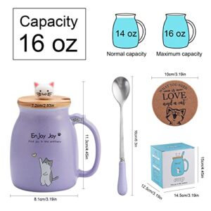 Feify Cute Cat Cup Ceramic Coffee Mug with Kawaii Cat Wooden Lid, Lovely Stainless Steel Spoon, Anime Kitty Thicken Wooden Coaster, Christmas Birthday Gift Cute Thing Japanese Mug 16oz (Purple)