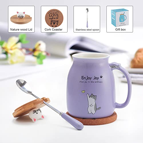 Feify Cute Cat Cup Ceramic Coffee Mug with Kawaii Cat Wooden Lid, Lovely Stainless Steel Spoon, Anime Kitty Thicken Wooden Coaster, Christmas Birthday Gift Cute Thing Japanese Mug 16oz (Purple)