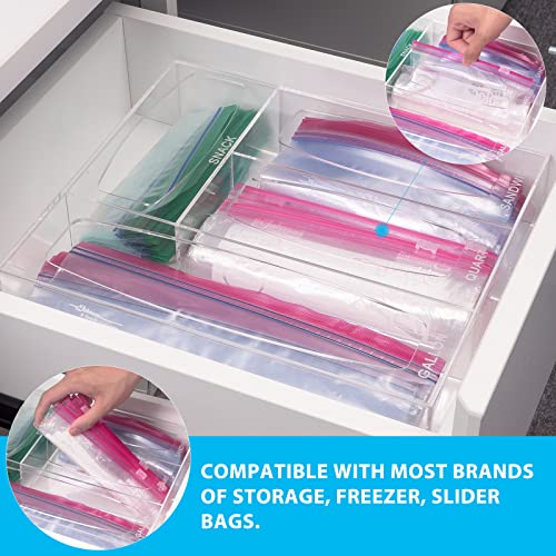 AQUIVER Acrylic Ziplock Bags Organizer - Baggie Bags Drawer Organizer & Plastic Food Storage Bags Holder - Compatible with Gallon, Quart, Sandwich, Snap, Freezer, Slider Bags (Clear)