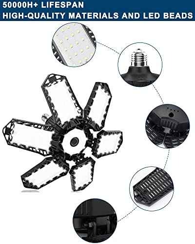 LED Garage Light, NACAMS 100W LED Garage Ceiling Lights with 6 Adjustable Multi-Position Panels, E26/E27 Base LED Shop Light, 6500K Garage Lighting for Workshop, Basement, Shop, Attic, Warehouse, Barn