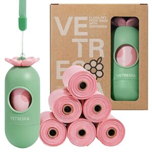 vetreska dog poop bag dispenser with lavender scented dog waste bags, extra thick and compostable pet waste bag, 105 bags with unique flower shape dog poop bag holder for dogs