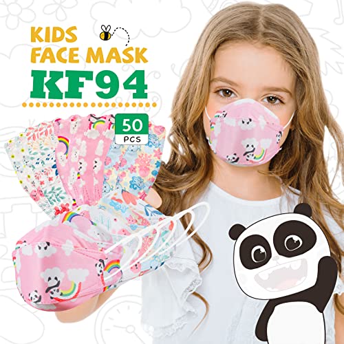 PLAY X STORE 50 PCS Kid Girls'Multicolored KF94 Face Masks with Nose Clip, 4-Ply Breathable Disposable Mouth Masks with Adjustable Earloop for Girls (5 Color with Pattern)