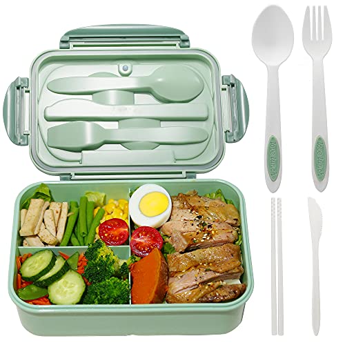 Bento Boxes For Adults-Leak Proof 3 Compartment Lunch Box For Kids & Adults Eat Out & Snacks - BPA Free Dishwasher Safe - Food Safe Materials(Green)