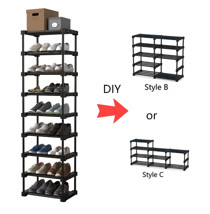 VIZUN 9 Tier Shoe Rack for Entryway, 4 Thickened Steel Pipes per Layer, Vertical Shoe Organizer Storage Free Standing, Sturdy Multi Function Metal Shoe Shelf Black