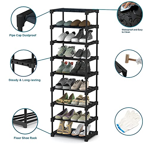 VIZUN 9 Tier Shoe Rack for Entryway, 4 Thickened Steel Pipes per Layer, Vertical Shoe Organizer Storage Free Standing, Sturdy Multi Function Metal Shoe Shelf Black