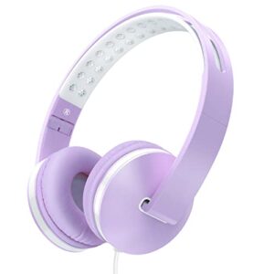 unipows kids headphones for school - girls boys teens lightweight foldable wired headset with microphone, volume control, stereo bass for cell phone, tablet, pc, laptop (purple and white)