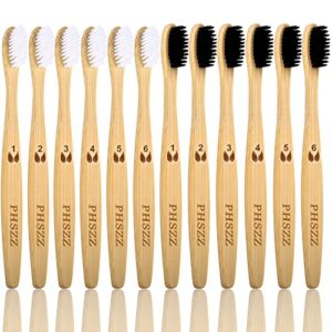 phszz 12 pack bamboo toothbrushes, natural eco-friendly soft bristles bamboo toothbrush, bpa free biodegradable compostable charcoal organic green wooden toothbrushes, numbered for easy recognition