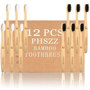 PHSZZ 12 Pack Bamboo Toothbrushes, Natural Eco-Friendly Soft Bristles Bamboo Toothbrush, BPA Free Biodegradable Compostable Charcoal Organic Green Wooden Toothbrushes, Numbered for Easy Recognition