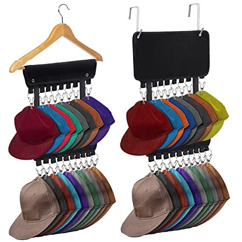 SALMOPH Hat Organizer Holder for Wall & Door, Hat Storage for Closet, Hat Rack with 16 Holder Clips, Metal Hooks, 2 in 1 Hat Organizer/Hangers for Baseball Caps, Ties, Fit All Hangers(Double Layer)