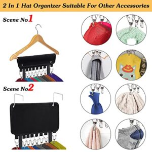 SALMOPH Hat Organizer Holder for Wall & Door, Hat Storage for Closet, Hat Rack with 16 Holder Clips, Metal Hooks, 2 in 1 Hat Organizer/Hangers for Baseball Caps, Ties, Fit All Hangers(Double Layer)