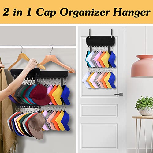 SALMOPH Hat Organizer Holder for Wall & Door, Hat Storage for Closet, Hat Rack with 16 Holder Clips, Metal Hooks, 2 in 1 Hat Organizer/Hangers for Baseball Caps, Ties, Fit All Hangers(Double Layer)