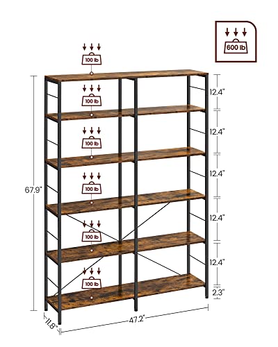 VASAGLE 6-Tier Tall Bookshelf, Bookcase, Large Metal Shelf, 11.8 x 47.2 x 67.9 Inches, for Living Room, Kitchen, Pantry, Study, Home Office, Rustic Brown and Black ULLS114B01