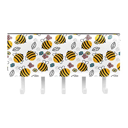 Cute Cartoon Bees Pattern Rack Organizer with 5 Hooks Wall Bathroom Kitchen Shelf Rack Multifunctional Storage Shelf