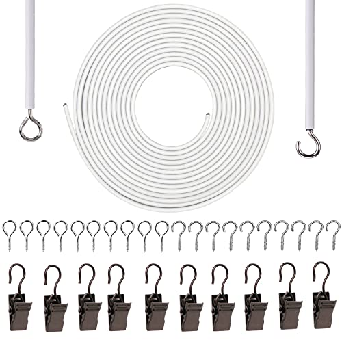 White Curtain Wire 6 Meter Wall Decor Picture Hanging Kit with 10 Curtain Clips 10 Pairs of Screw Eyes and Hooks for Net Curtain Rods