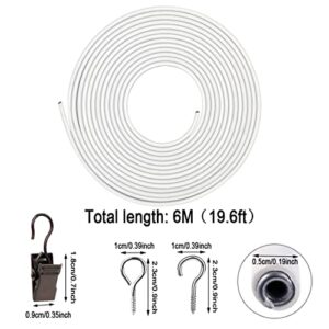 White Curtain Wire 6 Meter Wall Decor Picture Hanging Kit with 10 Curtain Clips 10 Pairs of Screw Eyes and Hooks for Net Curtain Rods