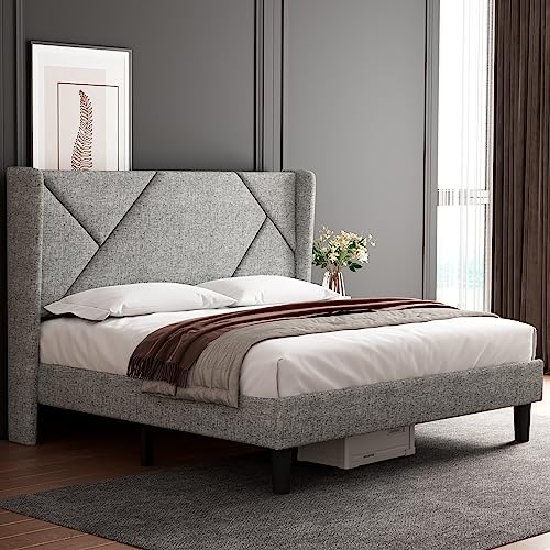 iPormis Queen Size Platform Bed Frame with Headboard, Upholstered Bed Frame with Solid Wood Slats, 8" Storage Space, No Box Spring Needed, Easy Assembly, Light Grey